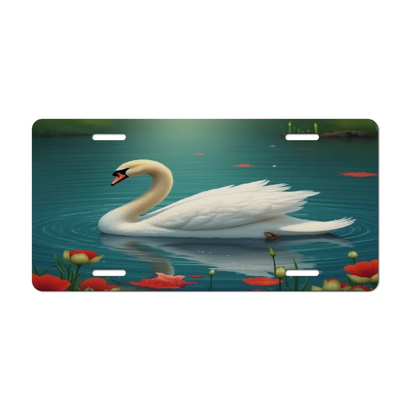 White Swan in Lagoon with Red Flowers Car Decorative Front License ...