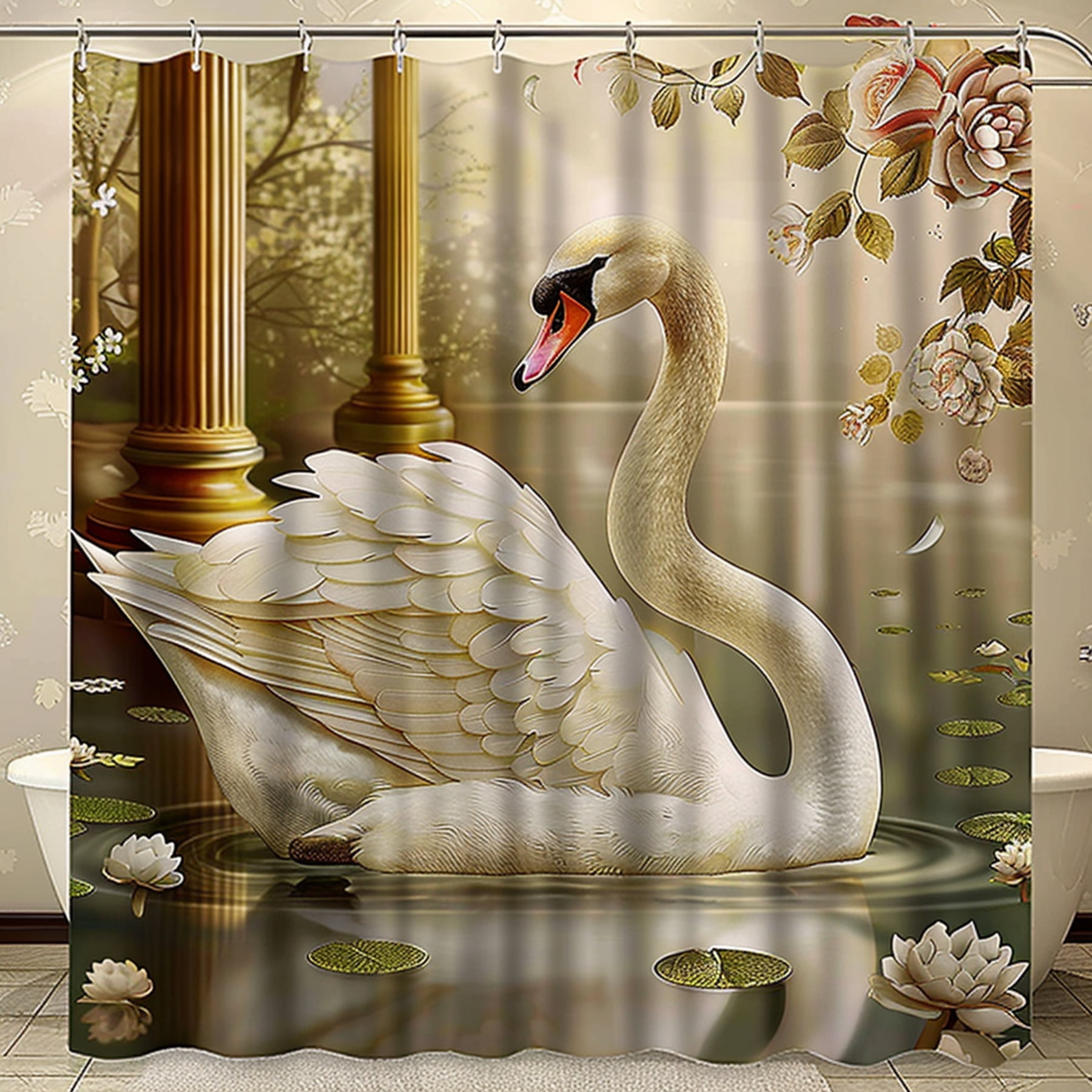 White Swan Lake Shower Curtain with Flowers and Leaves Bathroom Decor ...
