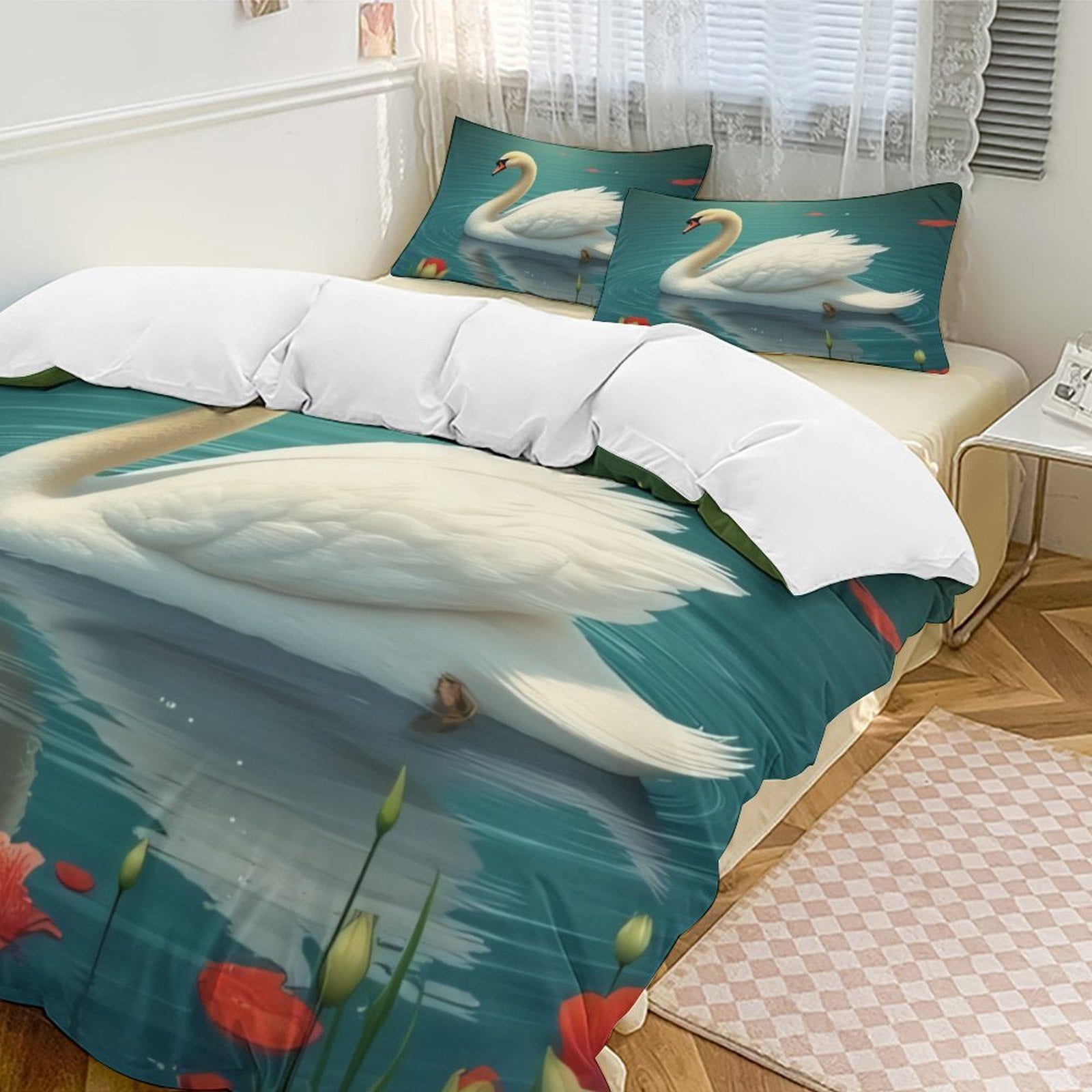 White Swan in Lagoon with Red Flowers 3D Duvet Cover Set Quilt Cover ...