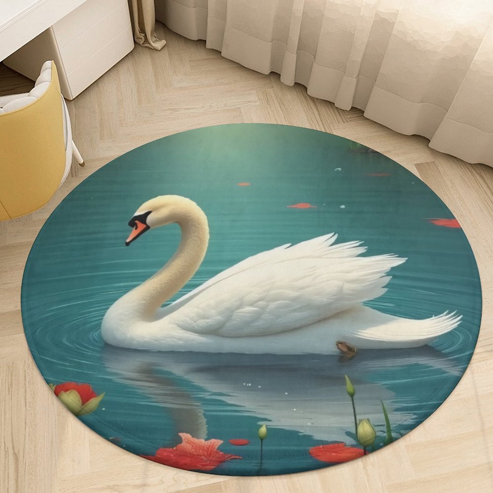 White Swan in Lagoon with Red Flowers Round Area Rugs for Bedroom ...