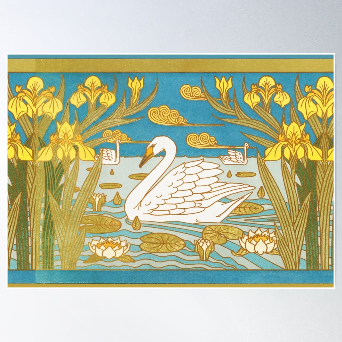 White Swans, Lake,Water Lilies And Yellow Irises In Blue Art Nouveau ...