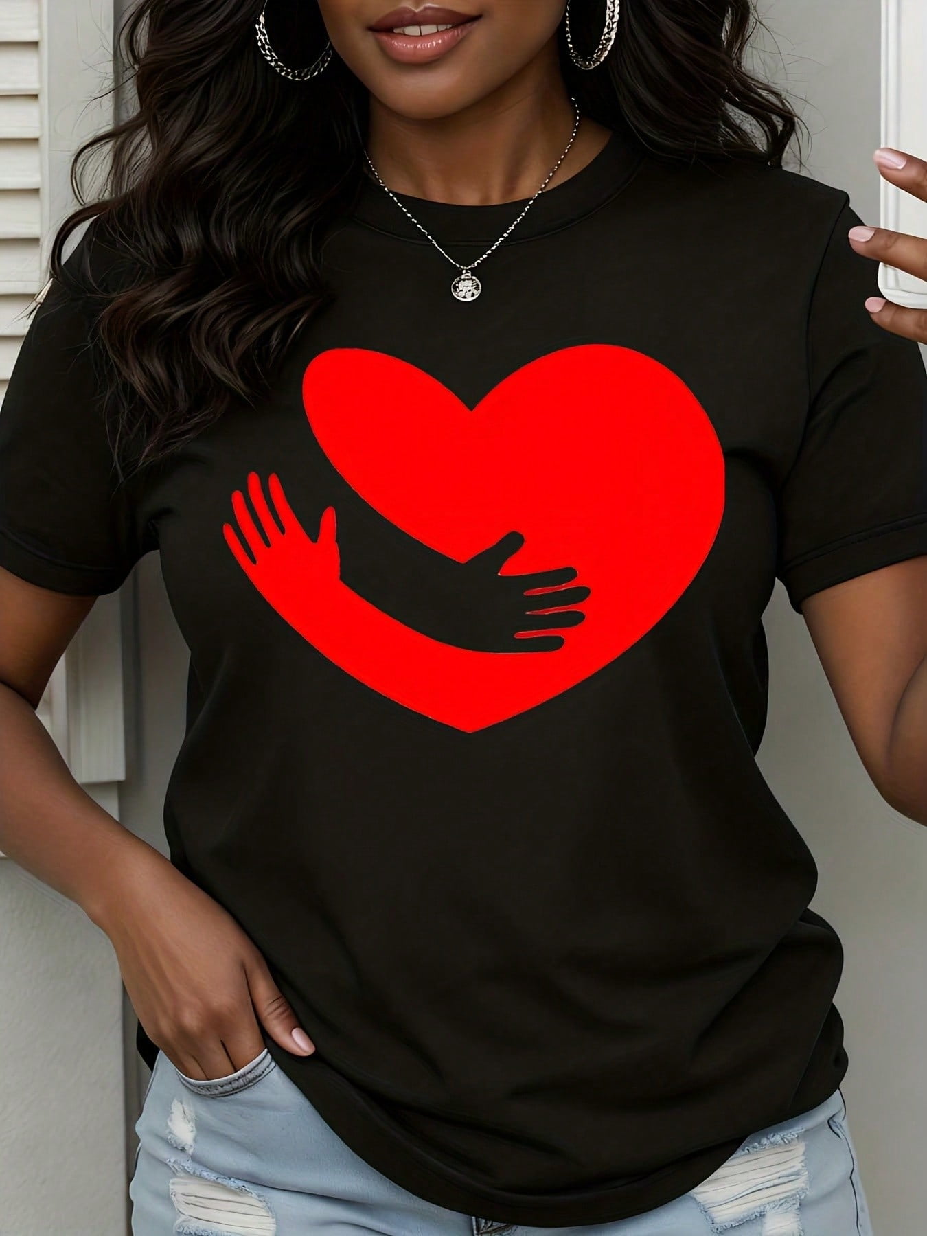 White T Shirt With Red Heart And Hugging Hands Design For Women Casual ...