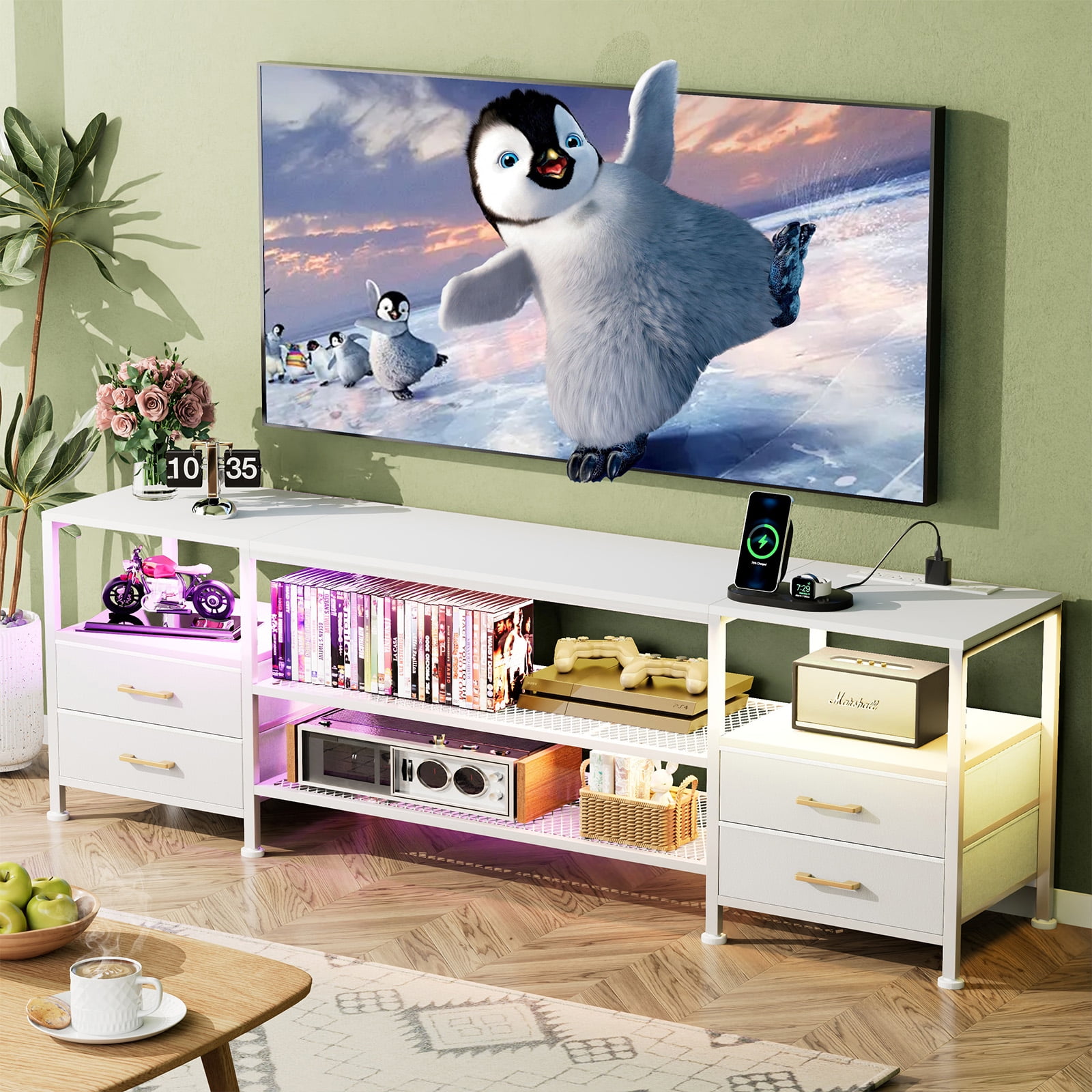 White TV Stand with 4 Drawers & Shelf, Long Design for 65, 70, 73 Inch ...