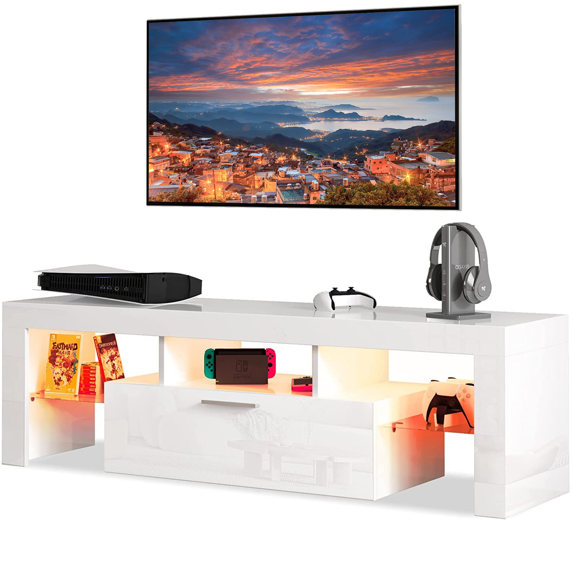 Modern High Glossy 55 inch TV Stand, White Furniture Unit with LED ...