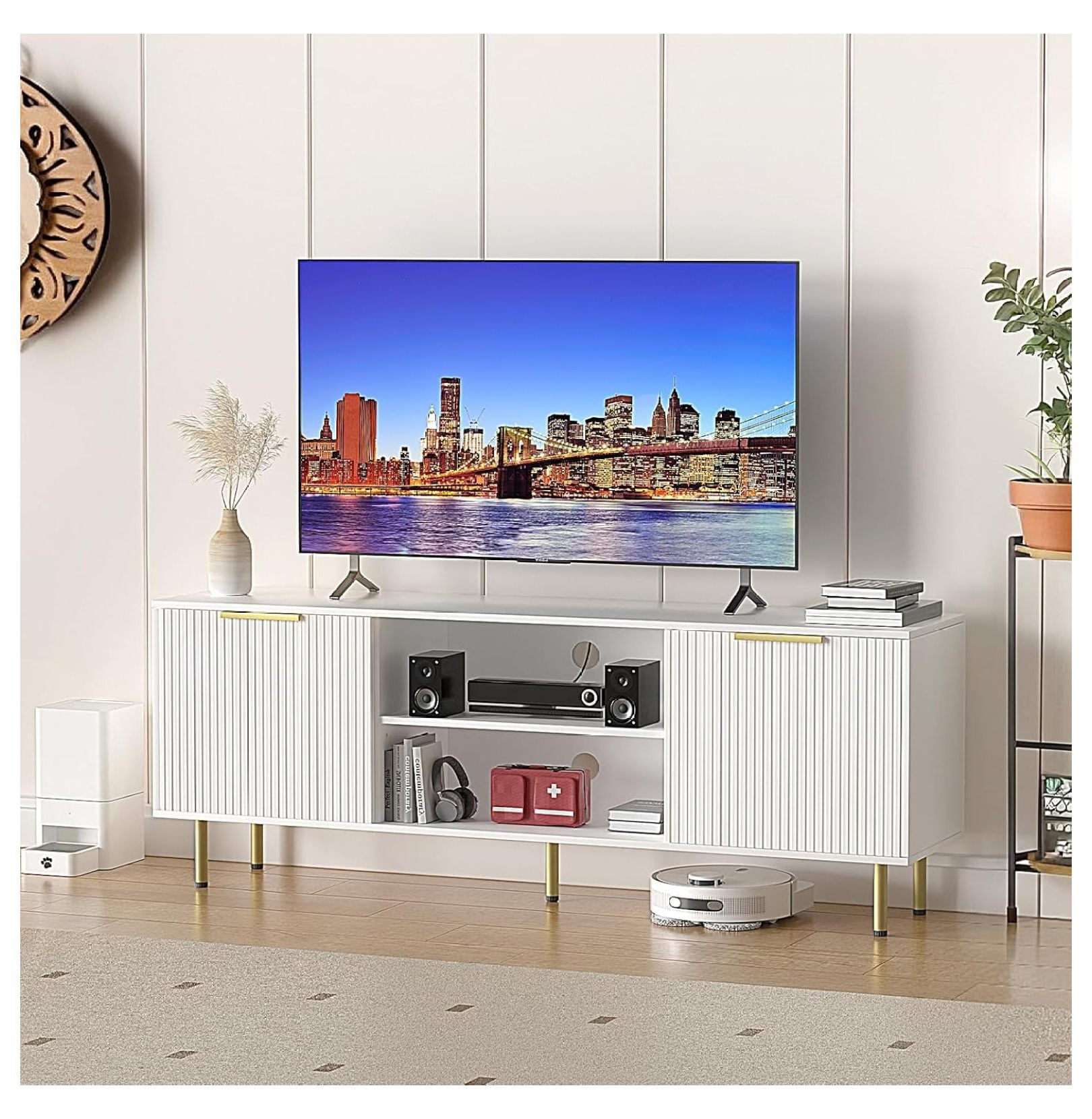 White TV Stand, for 65+ Inch TV, Century Modern Entertainment Center ...