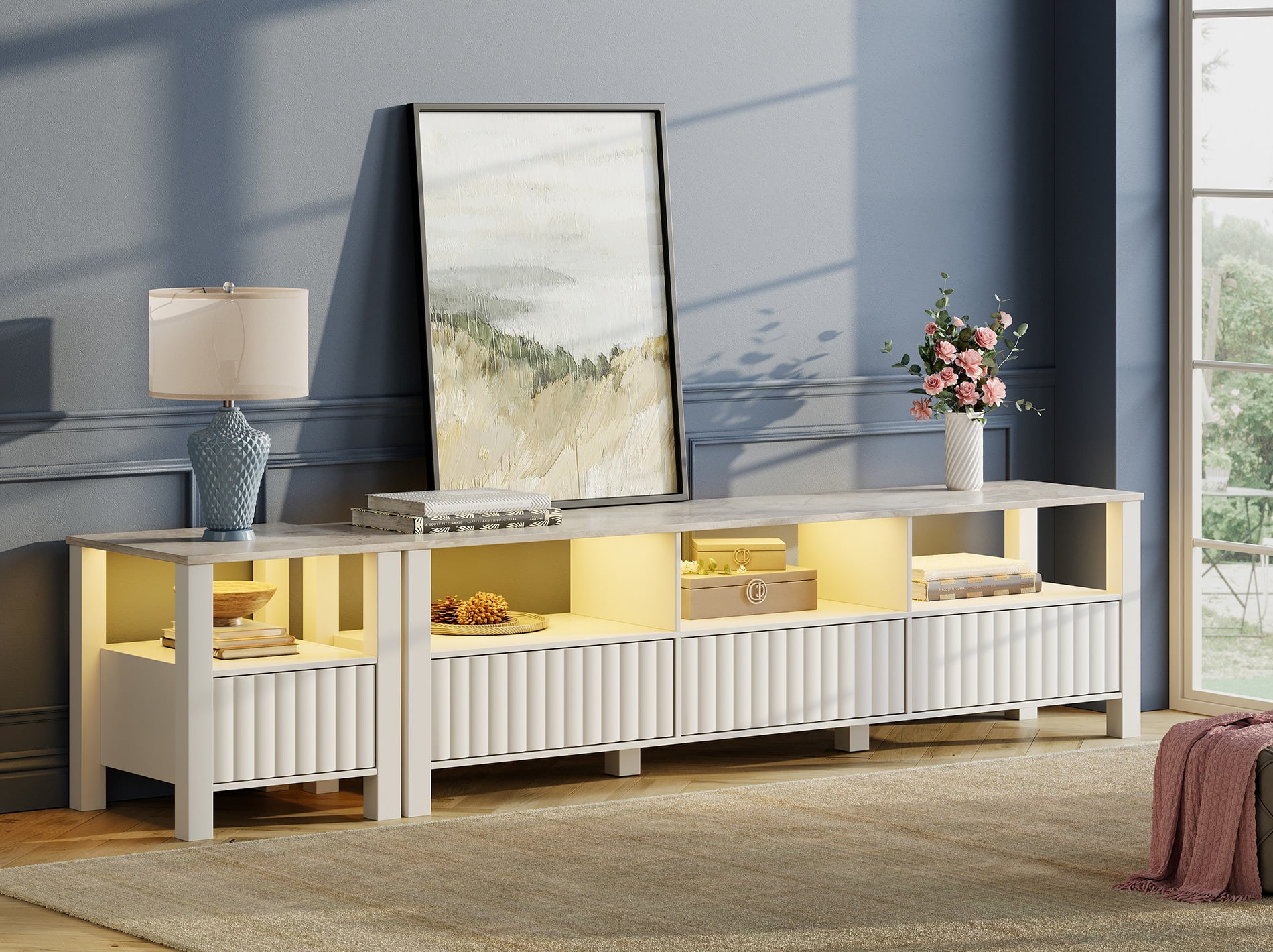 White TV Stand for 85 Inch TV, Modern Entertainment Center for 75 80 90 ...