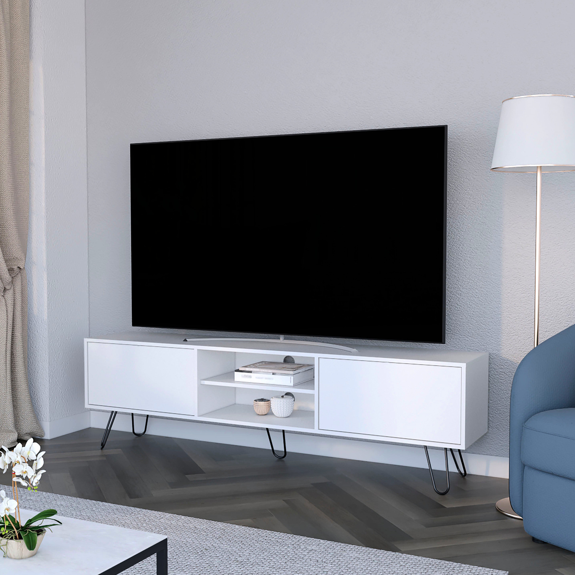 White TV Stand | Accommodates Up to 55" TV, Living Area Use | Wood ...