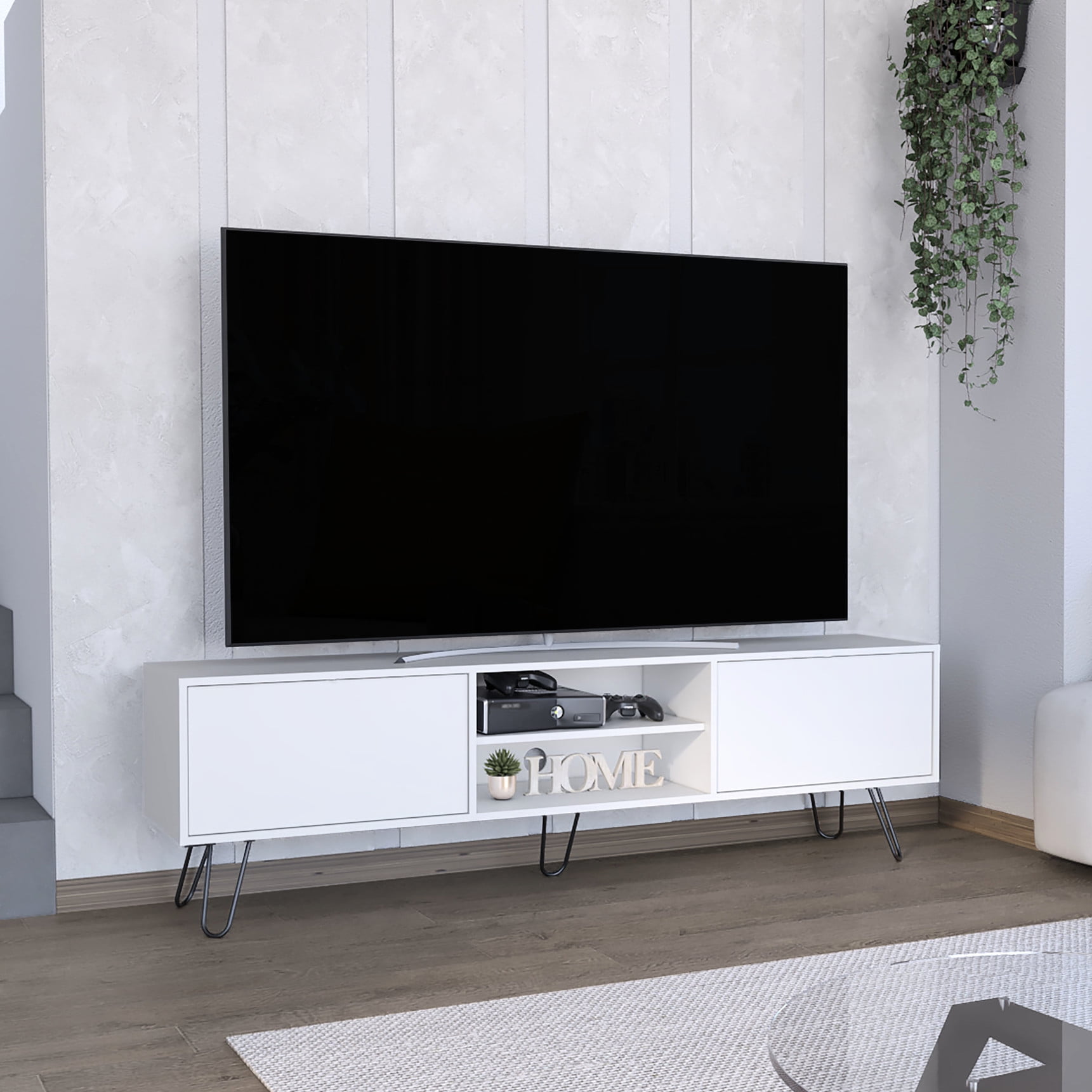 White TV Stand - Cable Management and Five Legs - For 55" TV Placement ...