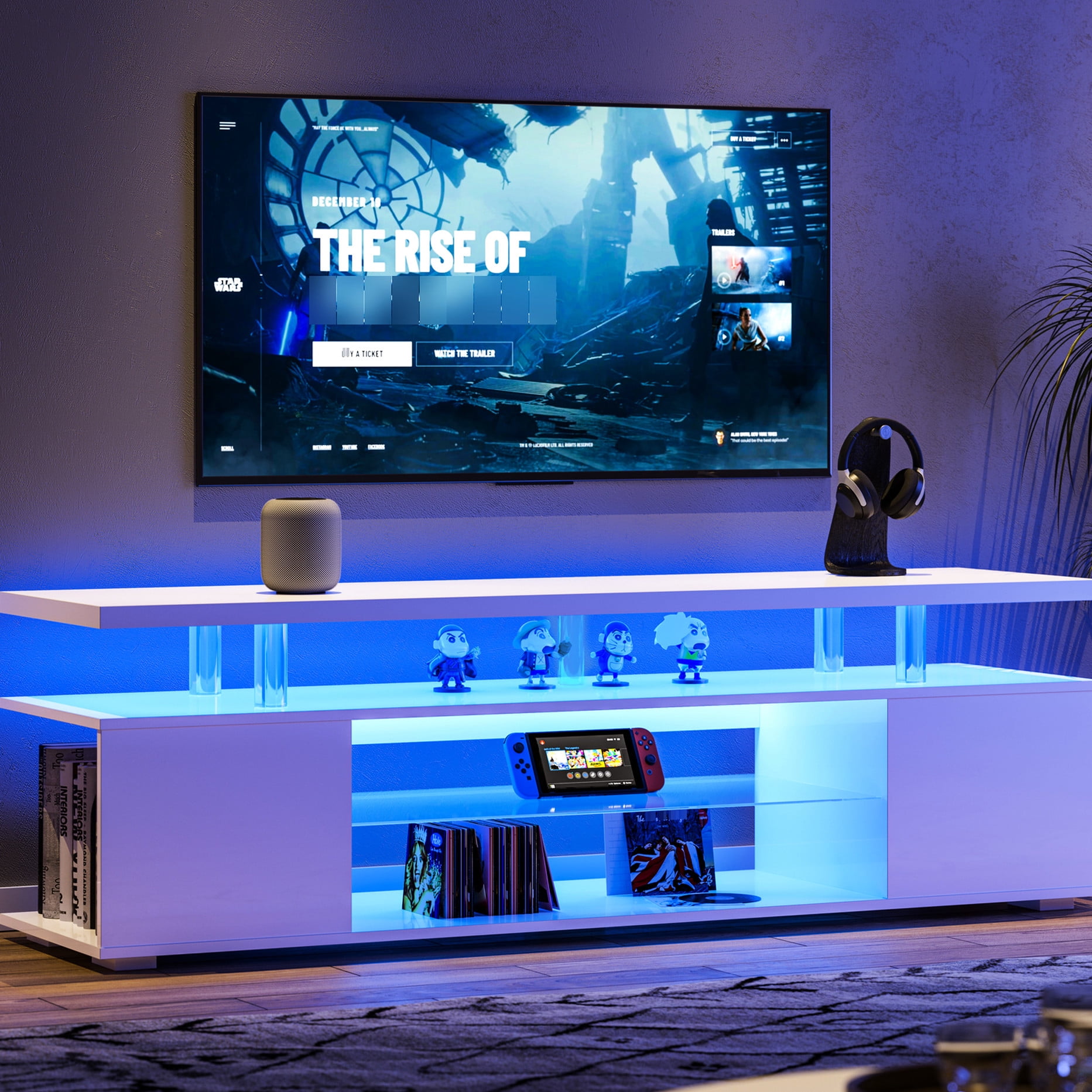 White TV Stand, Entertainment Center with Multiple Shelves for Gaming ...