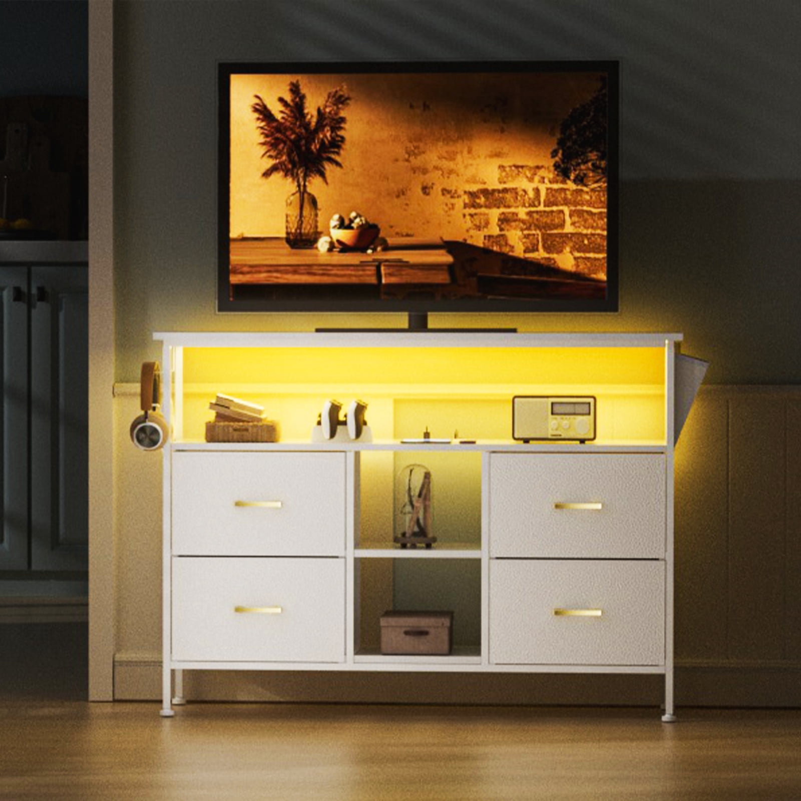 White TV Stand with LED, Dresser TV Stand featuring Power Outlet for 50 ...