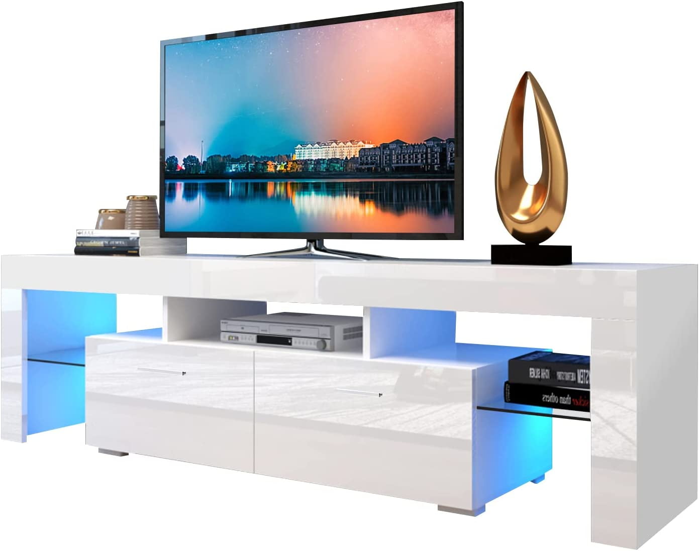 White TV Stand with Light, Entertainment Center with Storage Cabinet ...