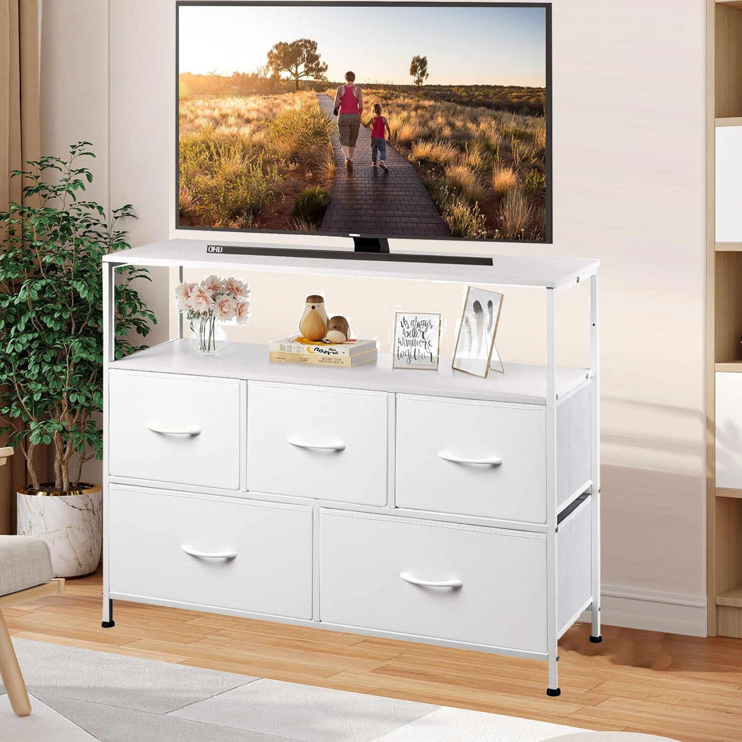 White TV Stand, Modern Simple TV Cabinet with Storage Drawers, Fabric ...