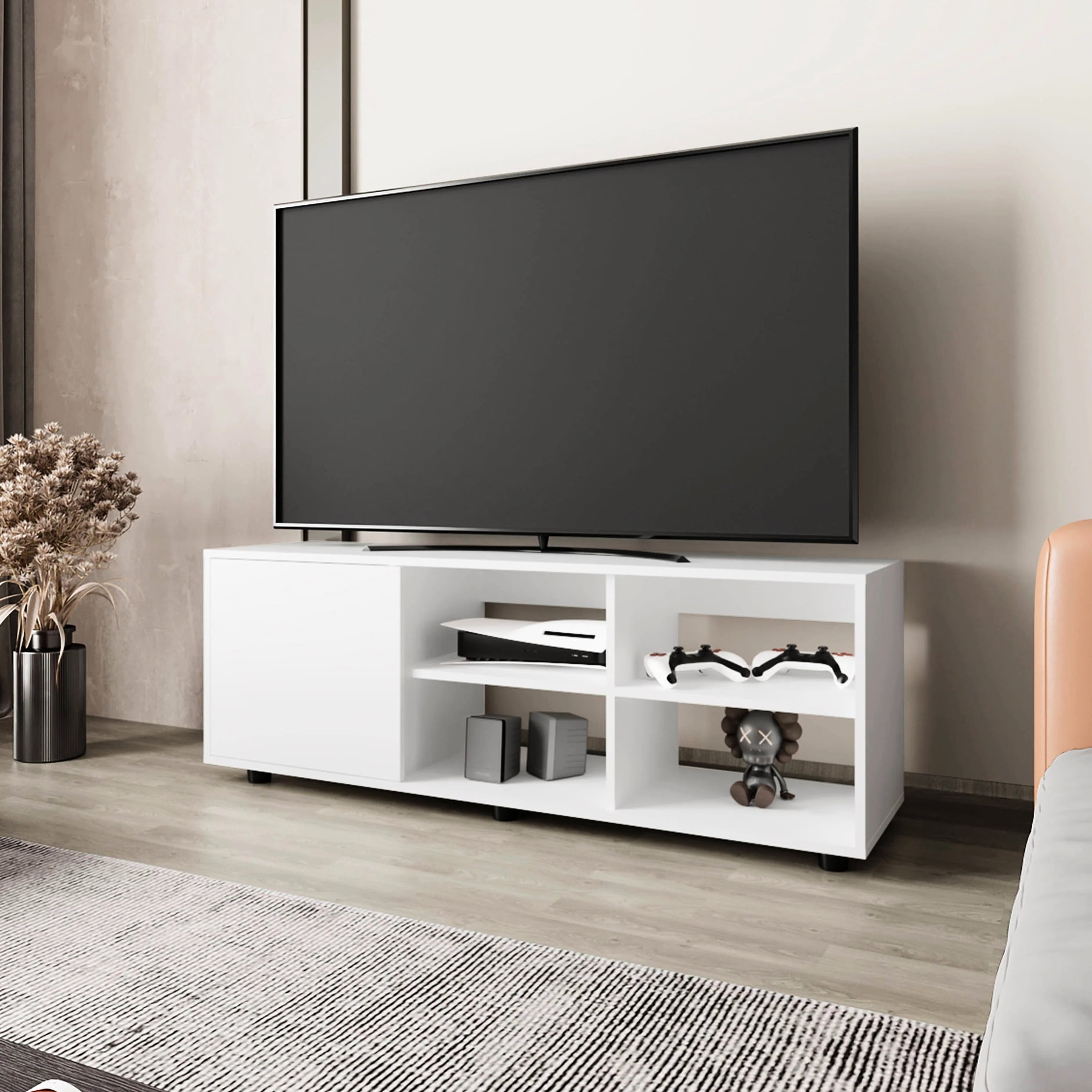 White TV Stand for Primary Living Space | Four Shelves for Storage and ...