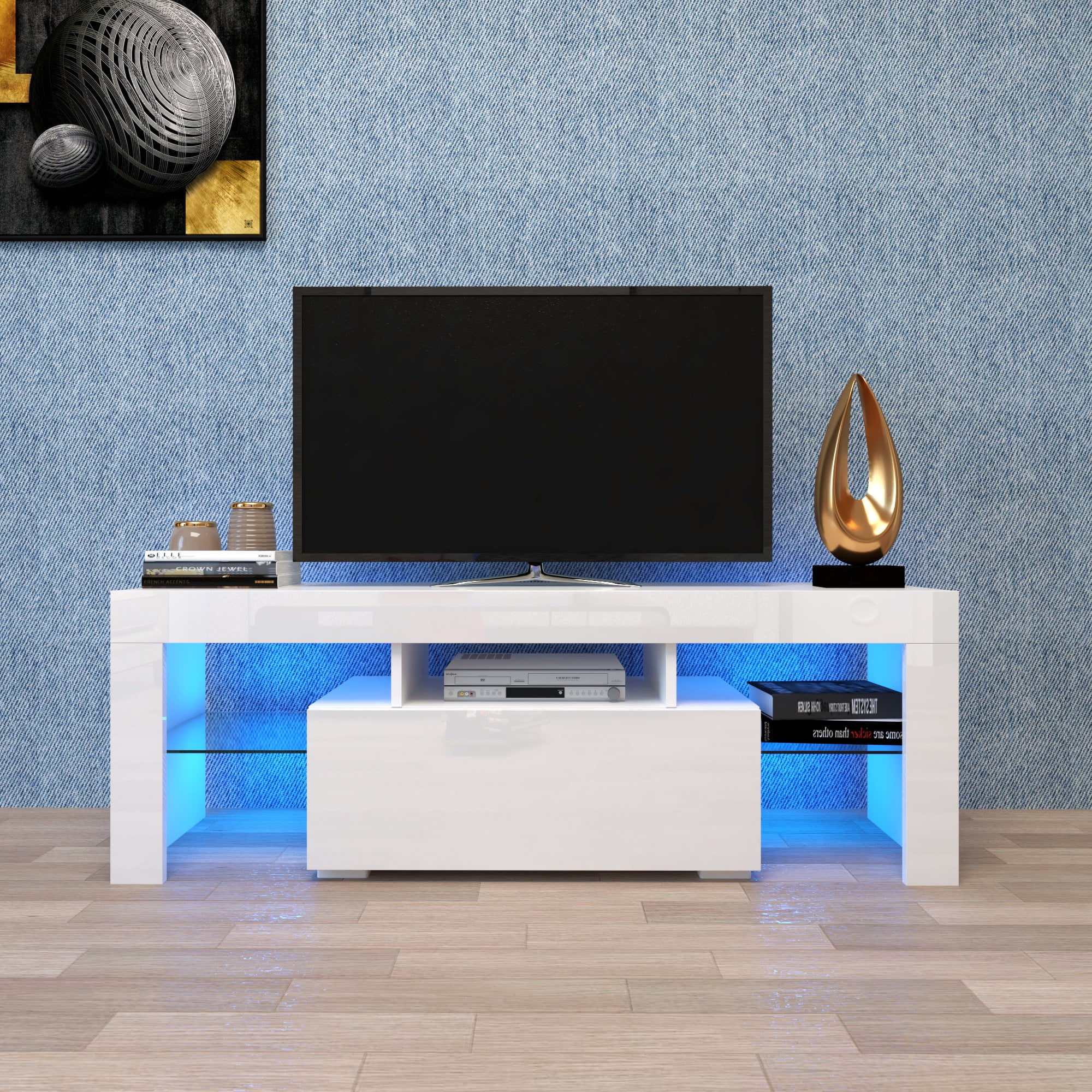 White TV Stand With LED RGB Lights,Flat Screen TV Cabinet, Gaming ...