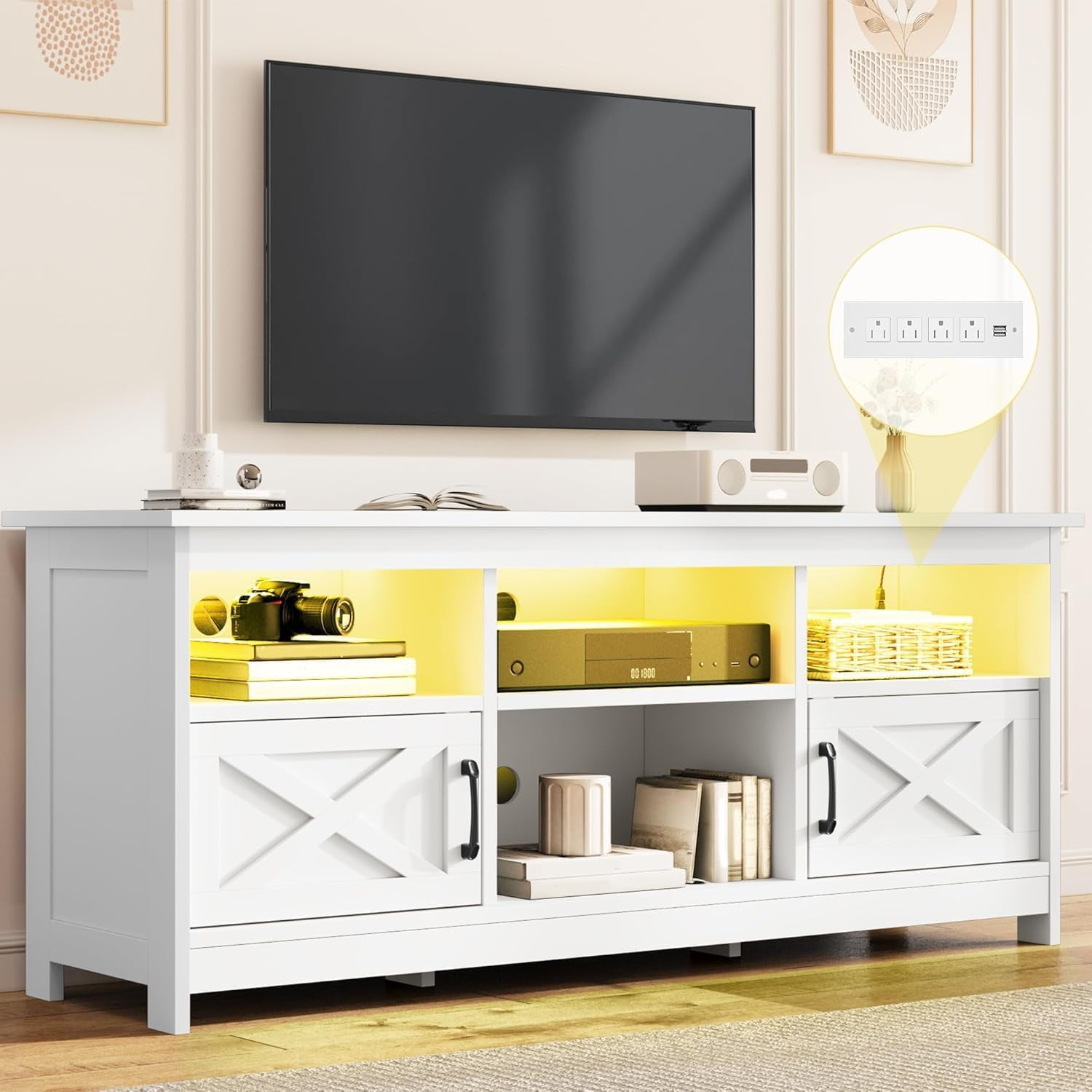 White TV Stand for 65 Inch TV, Entertainment Center with Power Outlet ...