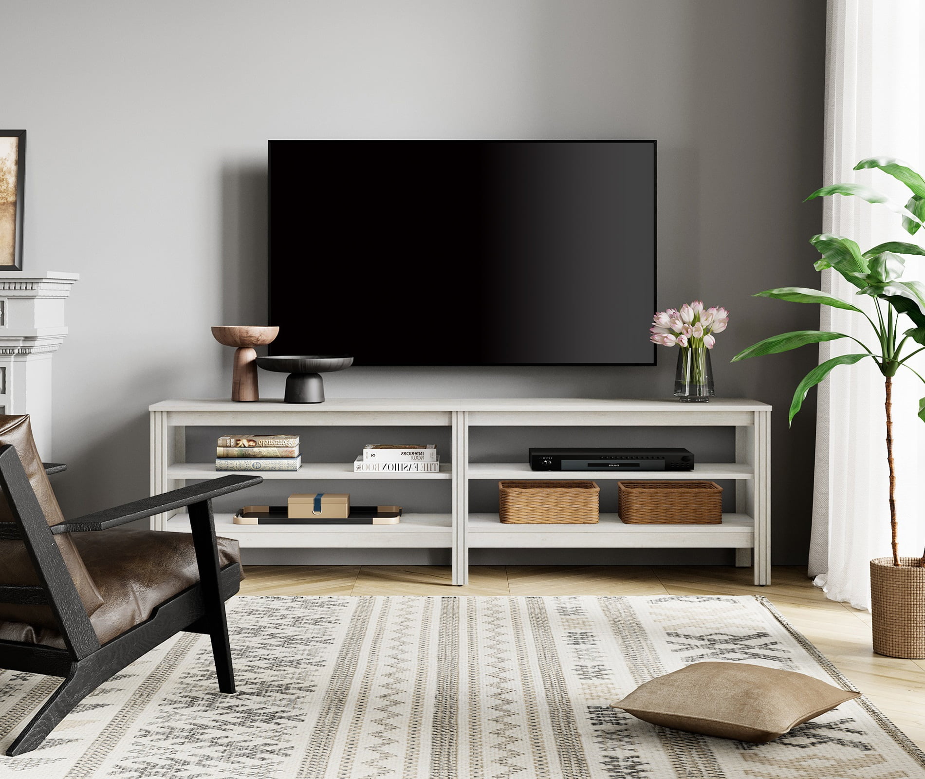 Free Shipping White TV Stand for 75 Inch TV Farmhouse Wood TV Cabinet with 4 Cubby for Living Room Bedroom 70 inch Walmart