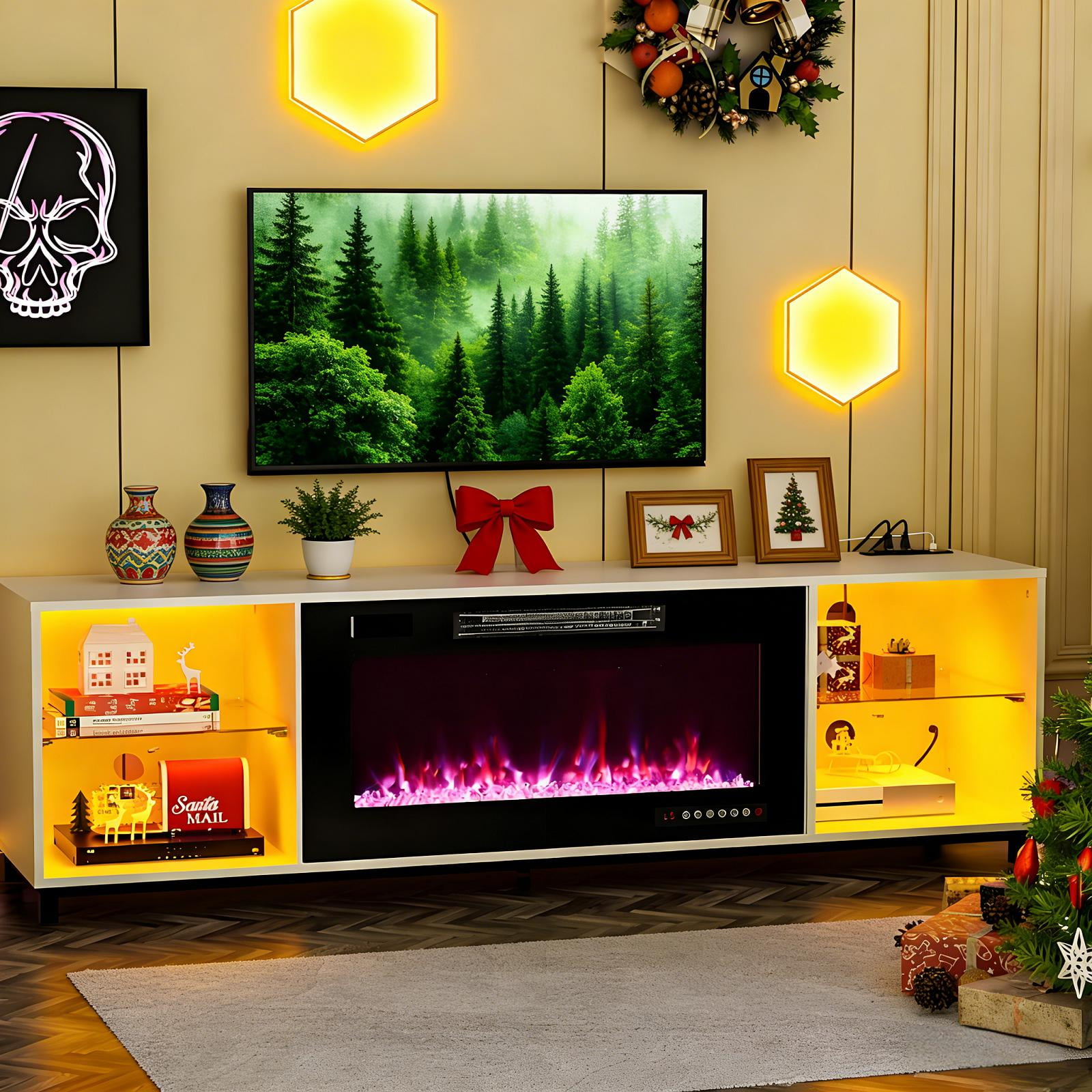 White TV Stand with 36" Electric Fireplace & 12-Color LED Lights Remote ...