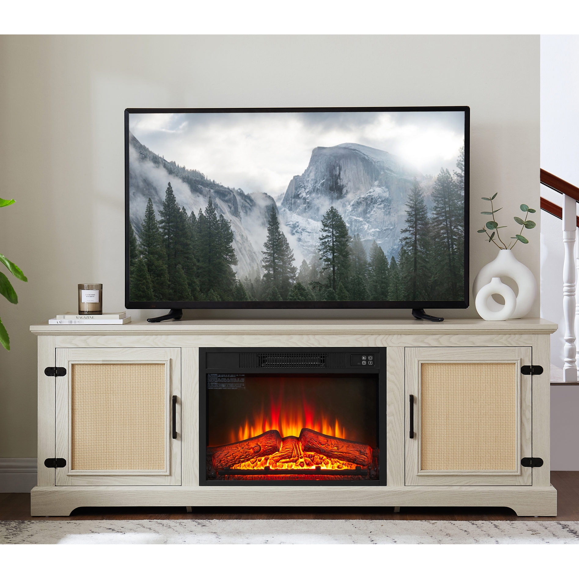 White TV Stand with Natural Rattan, 6 Cable Cutouts - Ideal for Home ...
