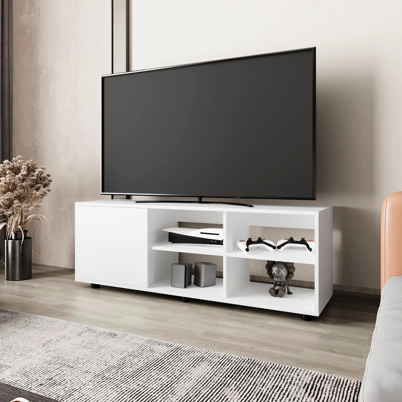 White TV Stand with Single - Door Design / Organize Essentials in ...