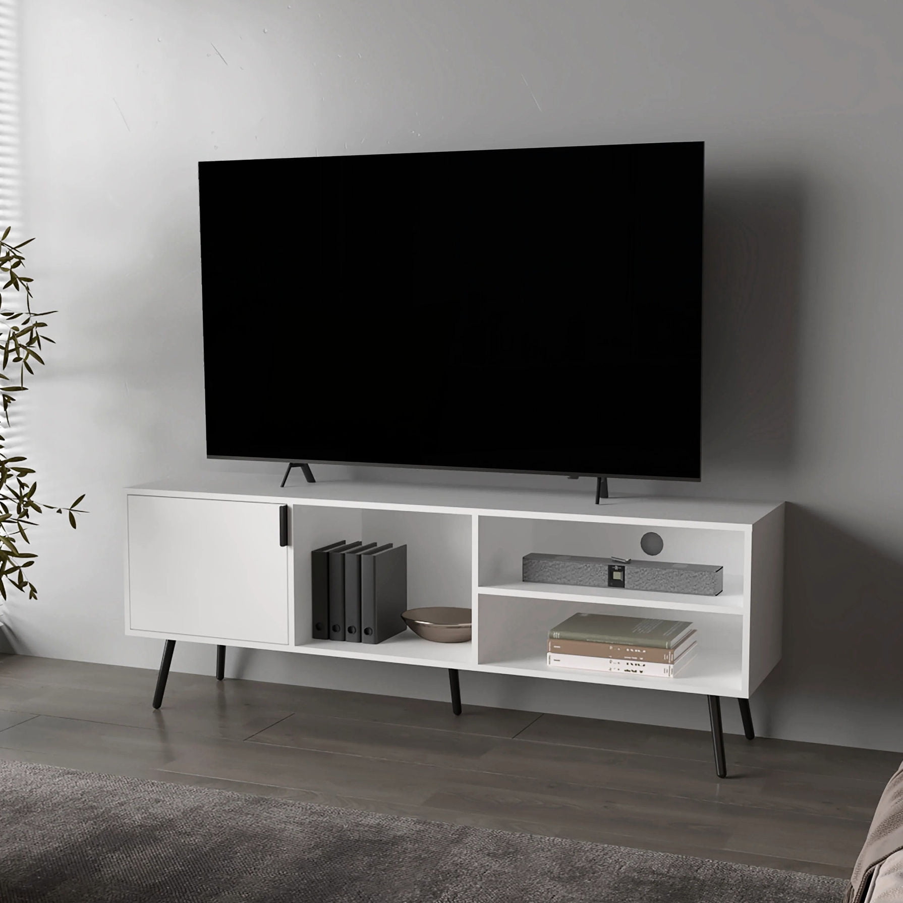 White TV stand with single - door storage - Accessible and hidden ...