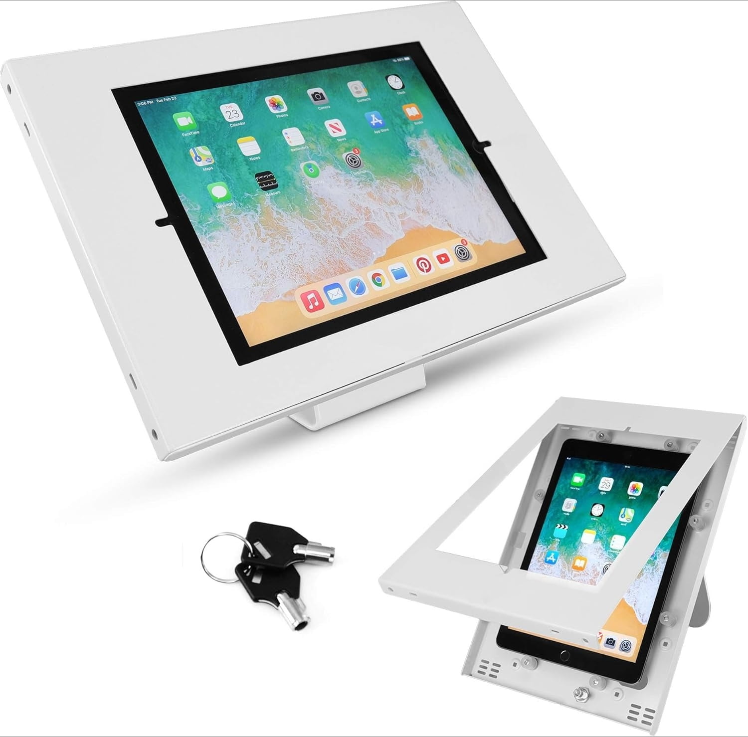 White Tablet Kiosk Stand with Lock & Key - 90° Rotate, 75° Tilt, Table ...