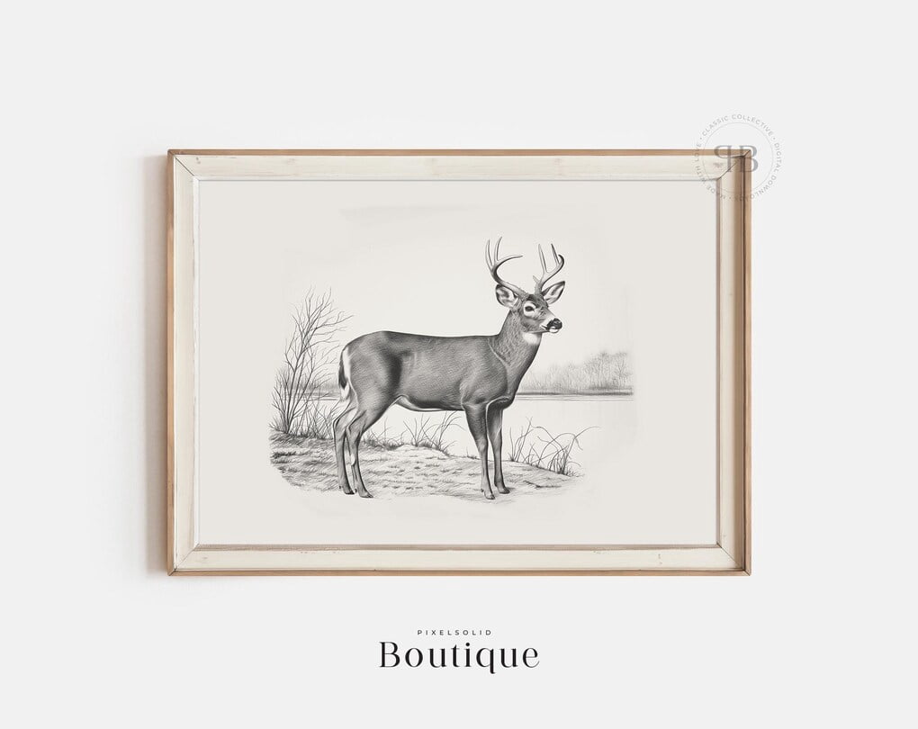White Tailed Deer Sketch, Neutral Buck Illustration Print, Farmhouse ...