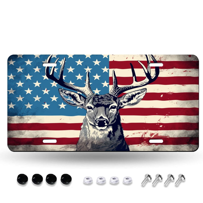 White-Tailed Deer in Front of American Flag License Plate Frame ...