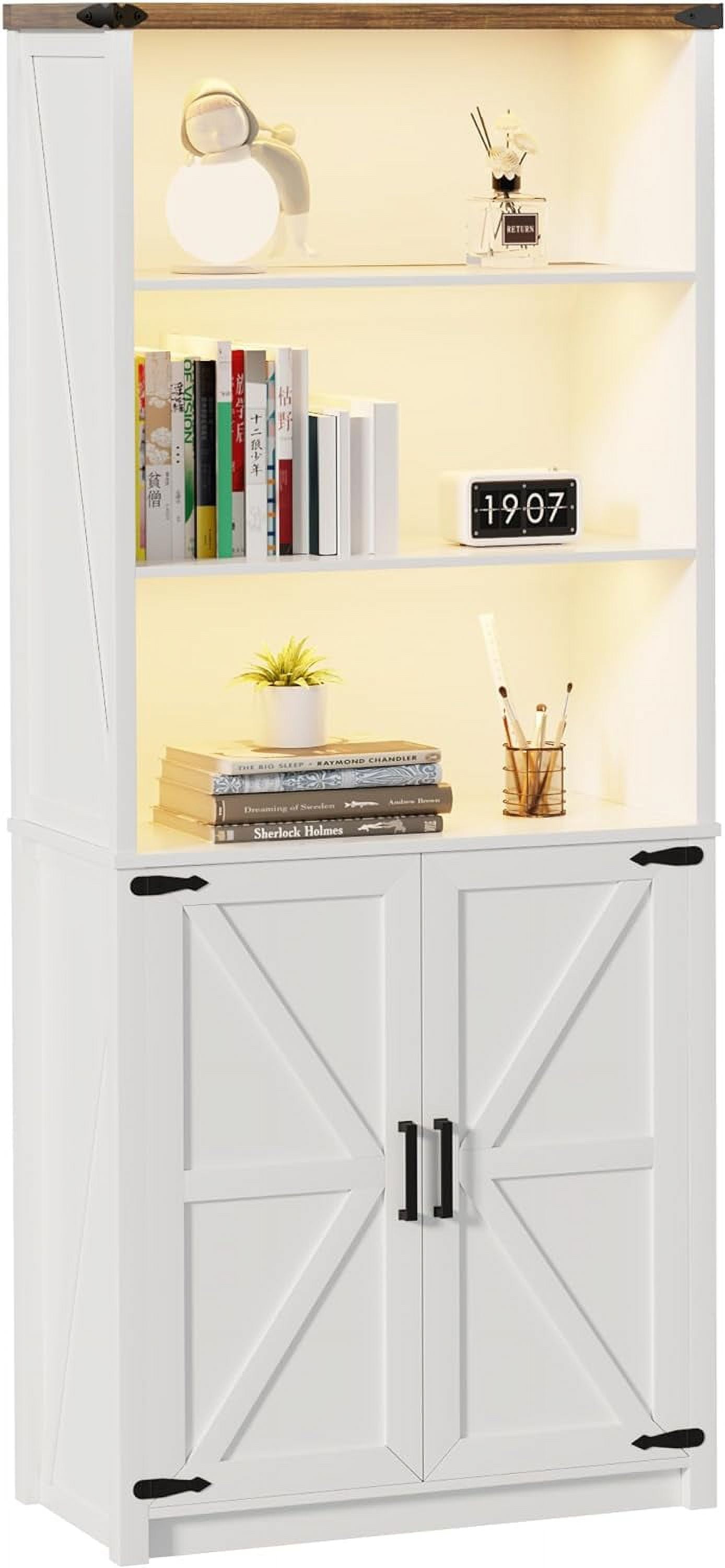 White Tall Bookcase with Doors and Shelves, Farmhouse Book Cases with ...