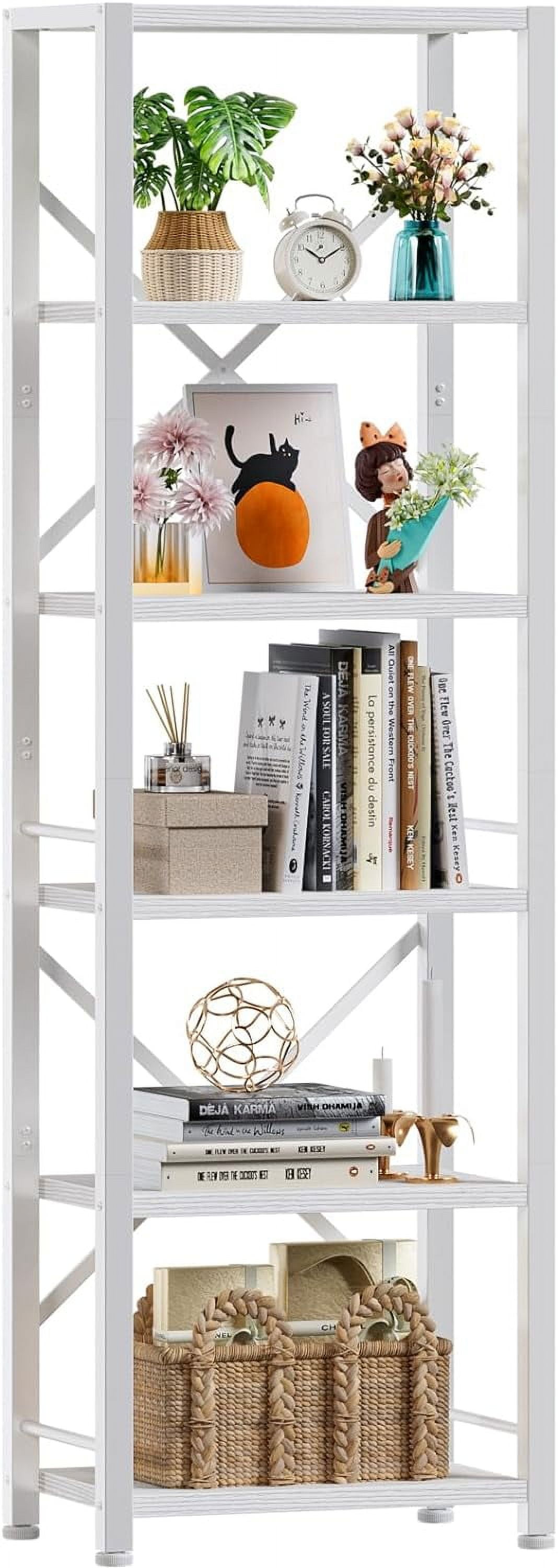 White Tall Bookshelf, Narrow Bookcase with 6 Shelves, Modern ...