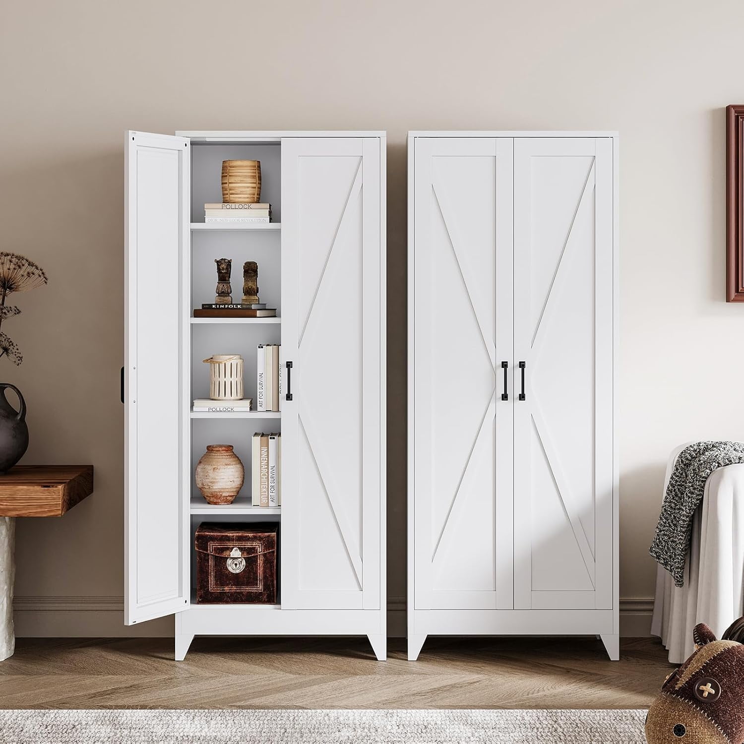 White Tall Farmhouse Metal Pantry Linen Storage Cabinet and Organizers ...
