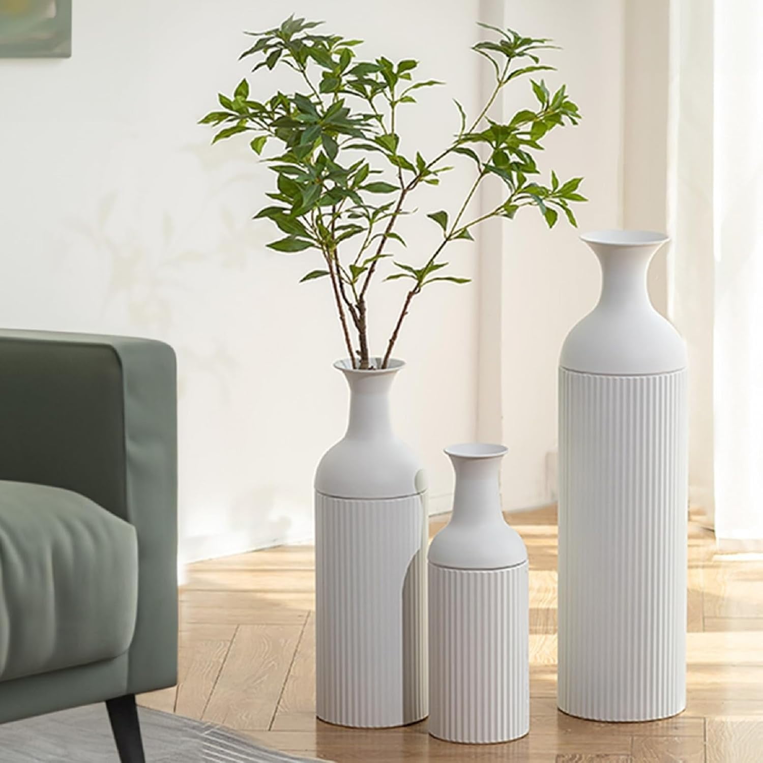 White Tall Floor Vase: Large Ribbed Metal Floor Vases for Living Room ...