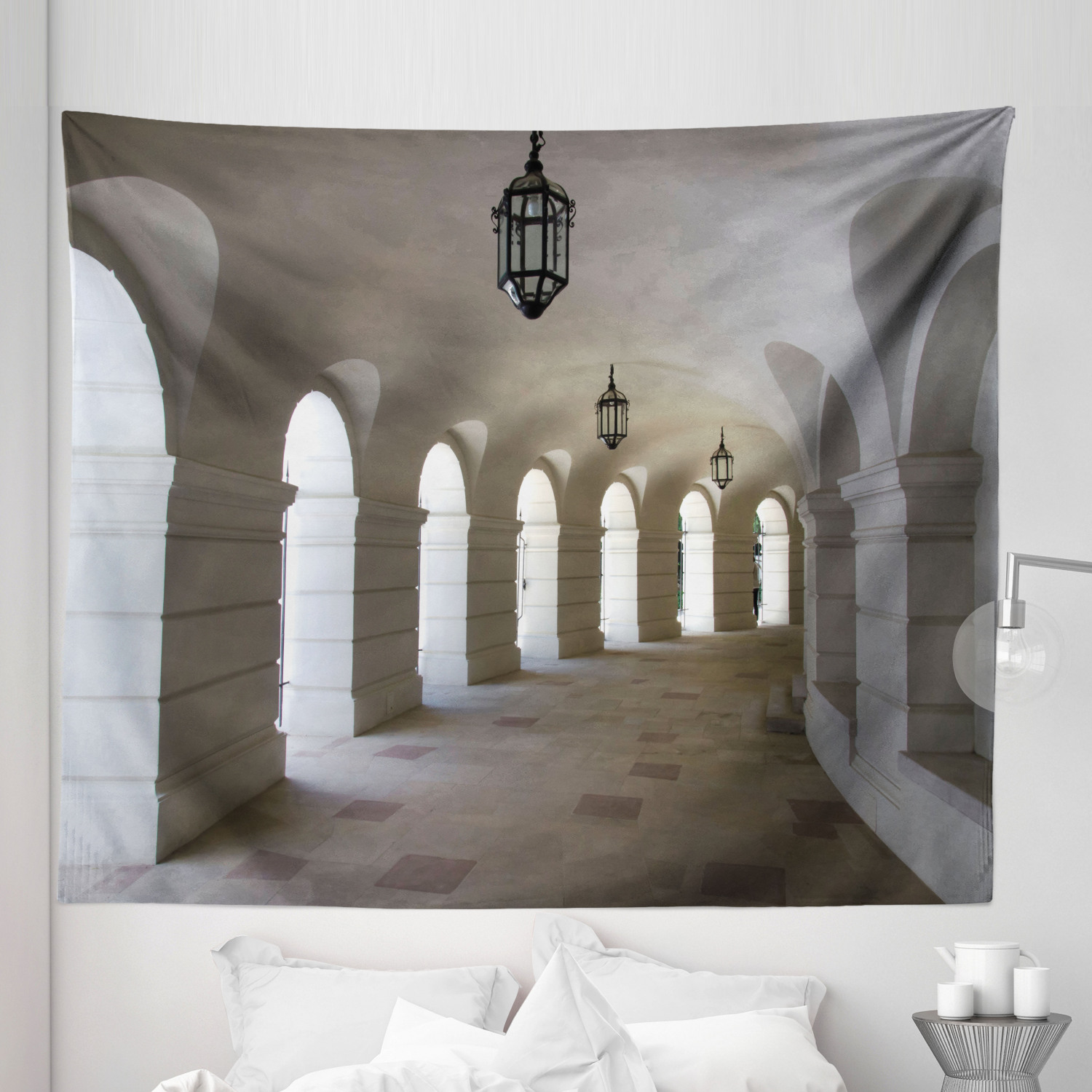 White Tapestry, Middle Ages Buildings Corridor Arches and Lanterns ...