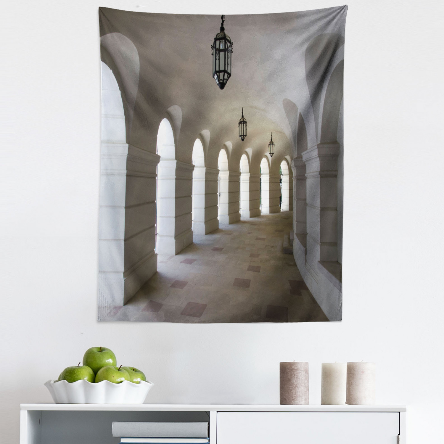 White Tapestry, Middle Ages Buildings Corridor Arches and Lanterns ...