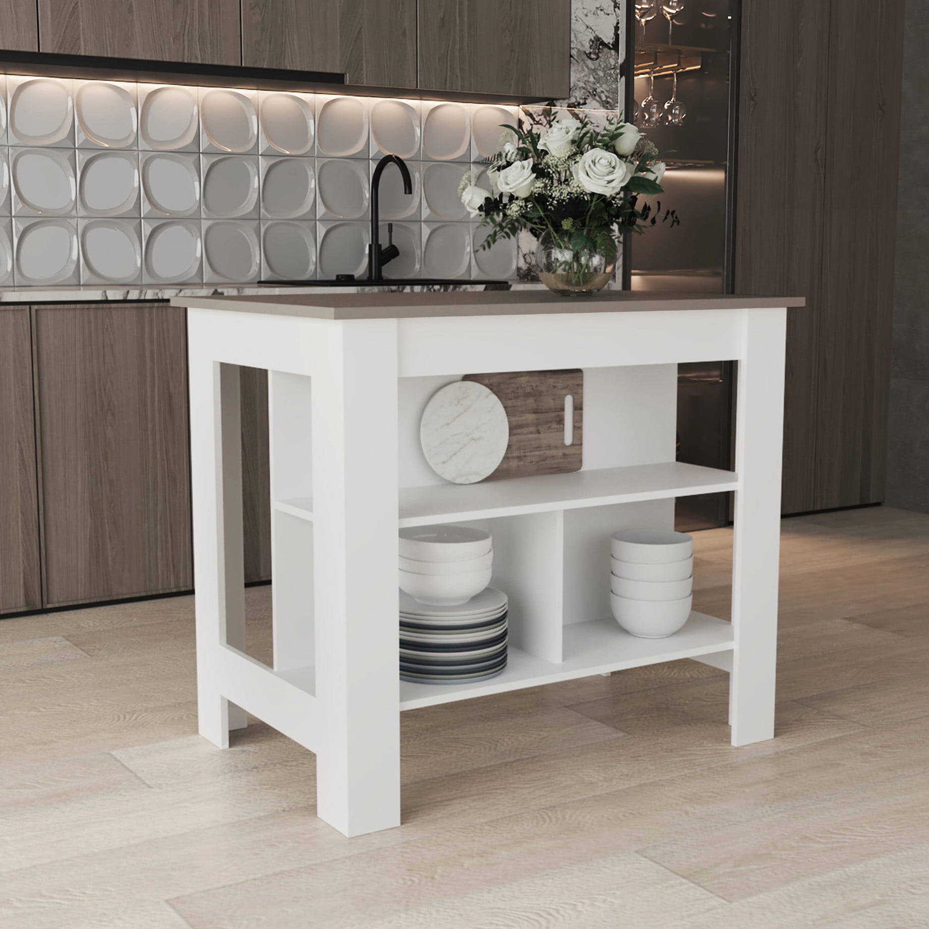 White/Taupe Kitchen Island with 3 Storage Shelves - Wide Surface for ...