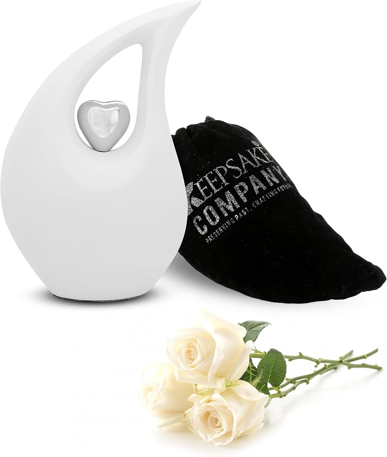 White Tear Drop Medium Urns For Human Ashes With Silver Heart (6 Inch ...