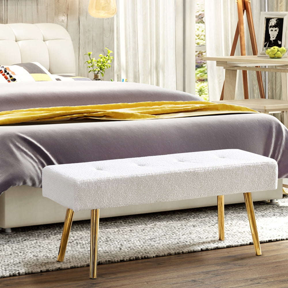 White Teddy Fabric Bench Seat, Versatile Ottoman Stool for Bedroom ...