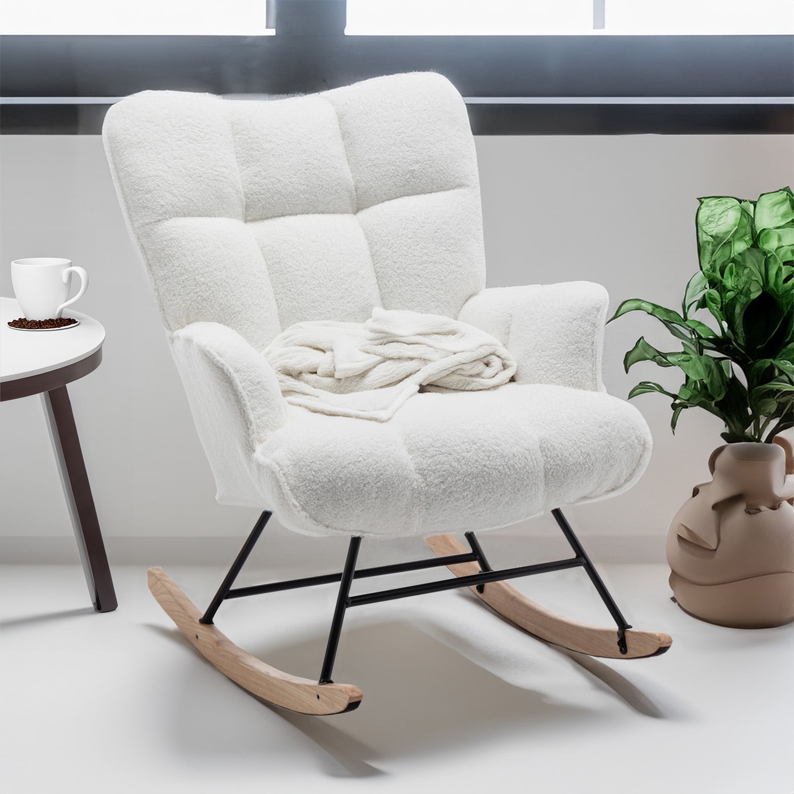 White Teddy Rocking Chair, with High Backrest and Padded Seat for ...