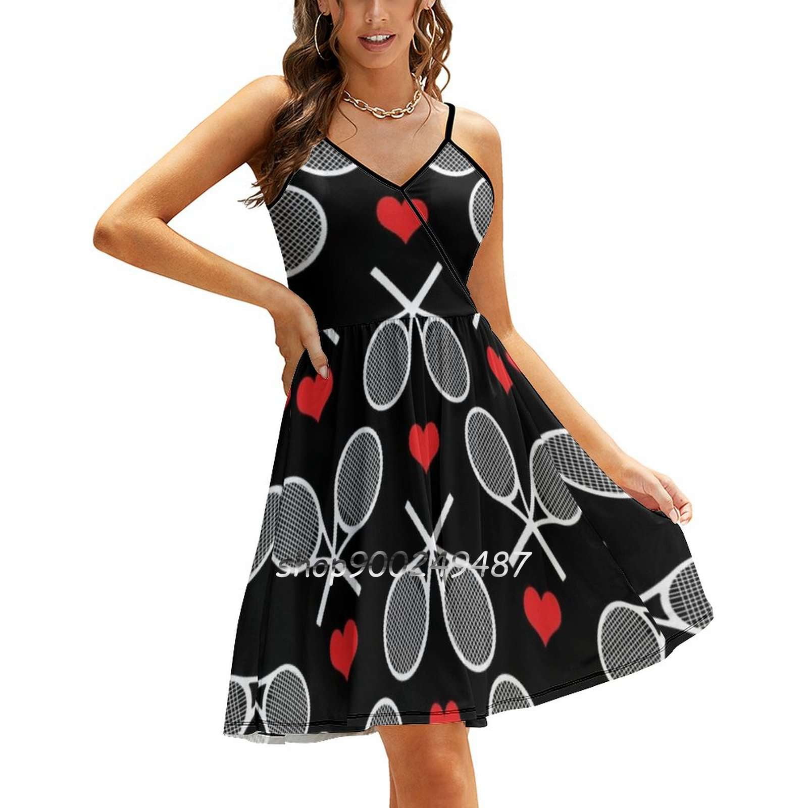 White Tennis Rackets On Black Background Square Neck Dress Cute Loose ...