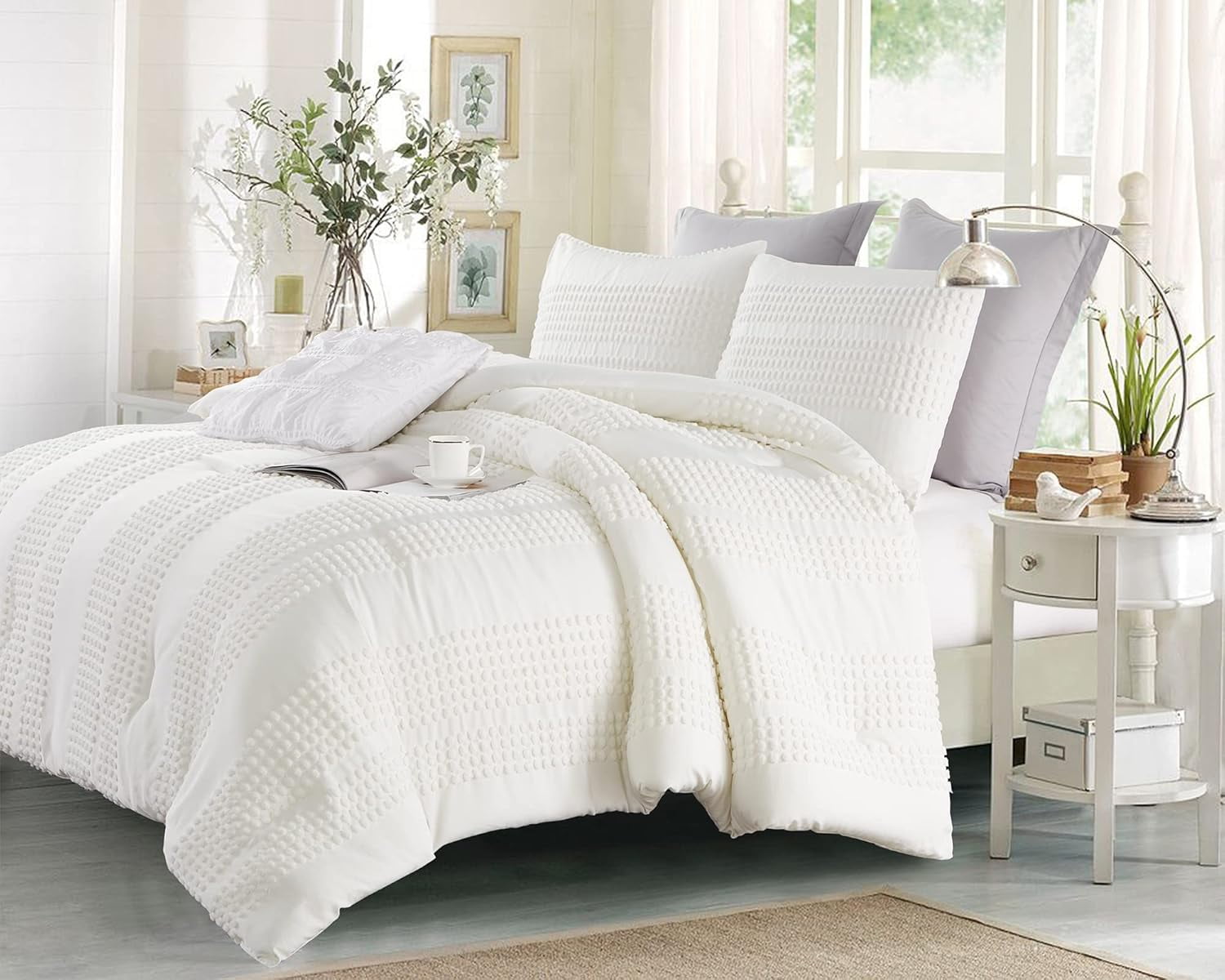 White Textured Jacquard Bedding Set (Including Comforter & Pillowcases ...