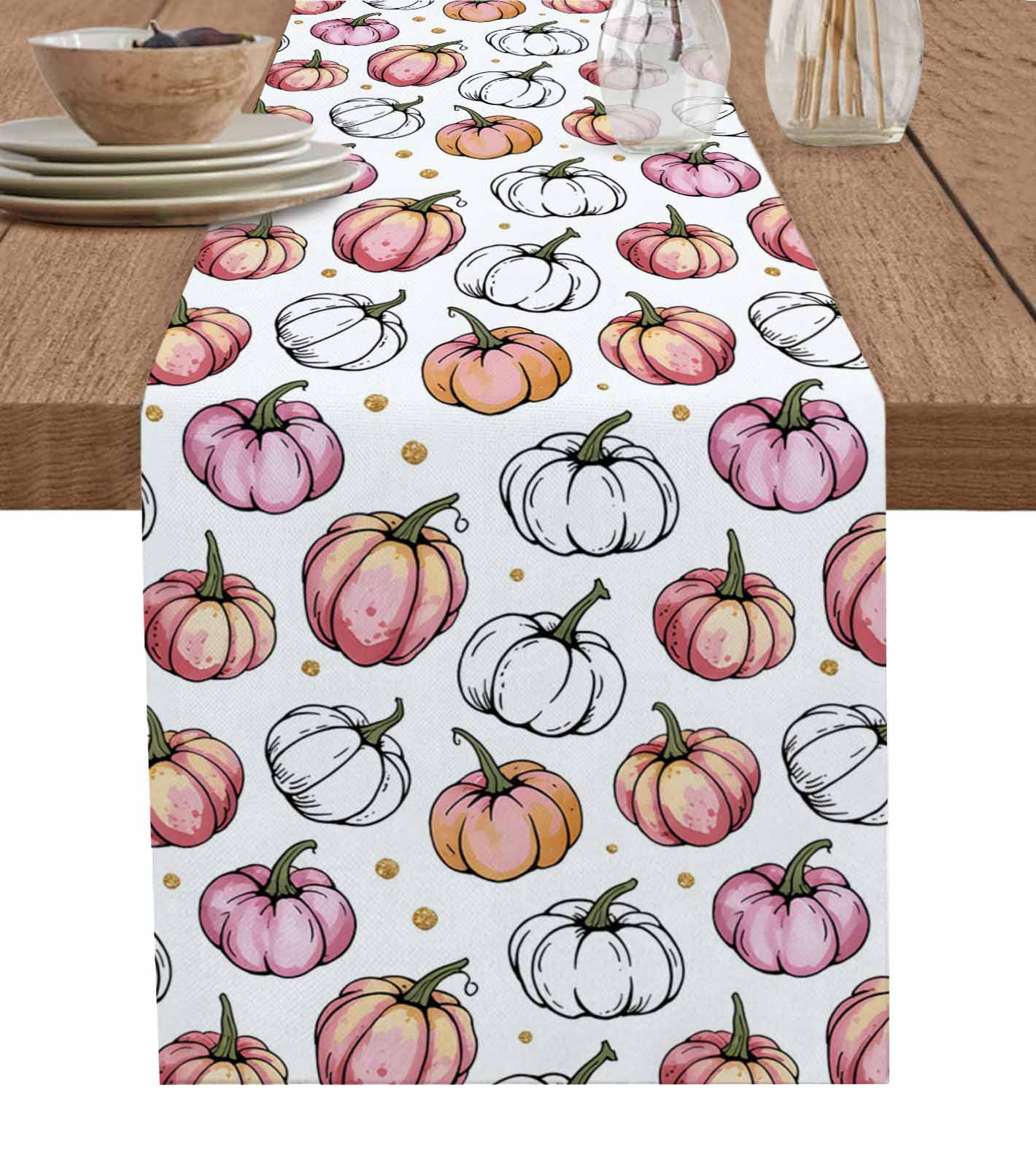 White Thanksgiving Table Runner 72 Inches, Pink Pumpkins Abstract ...