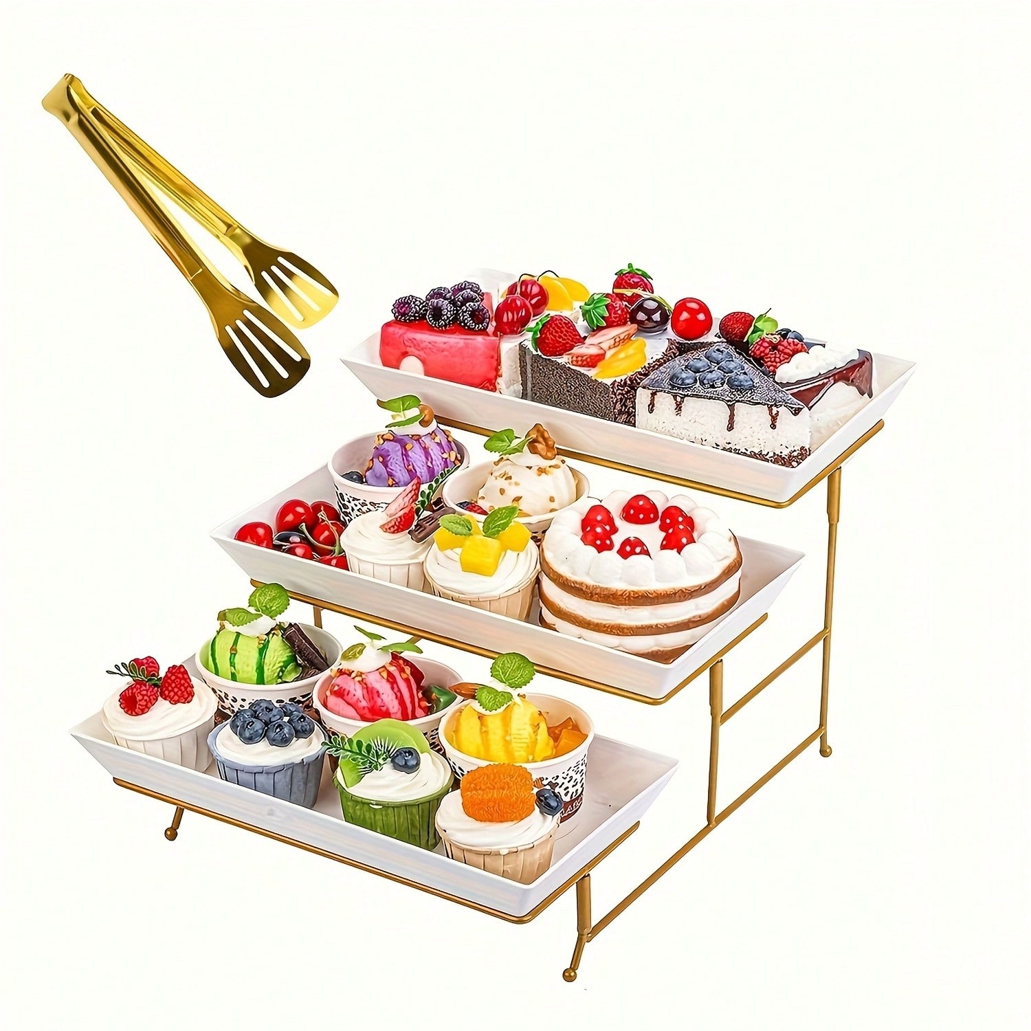 White Tiered Serving Stand + Tong, 3 Plastic Tray With Metal Stand For ...