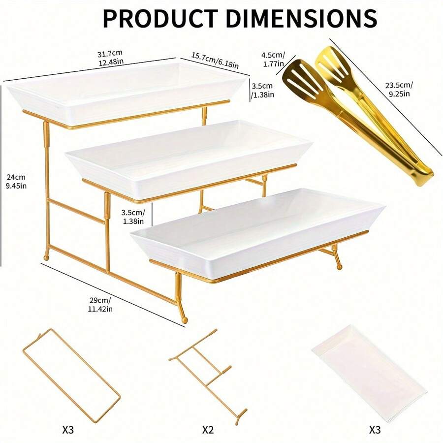 White Tiered Serving Stand + Tong, 3 Plastic Tray With Metal Stand For ...