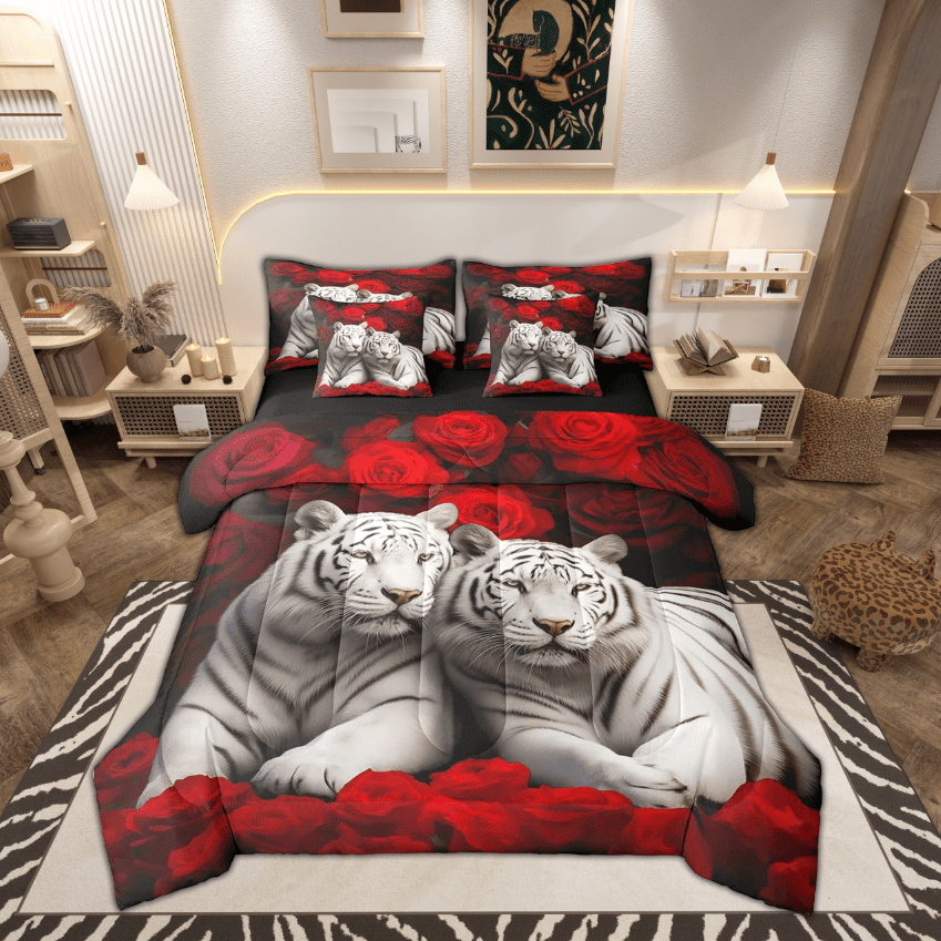 White Tiger 7 Piece Comforter Set Full Bed in a Bag,Red Rose Bedding ...