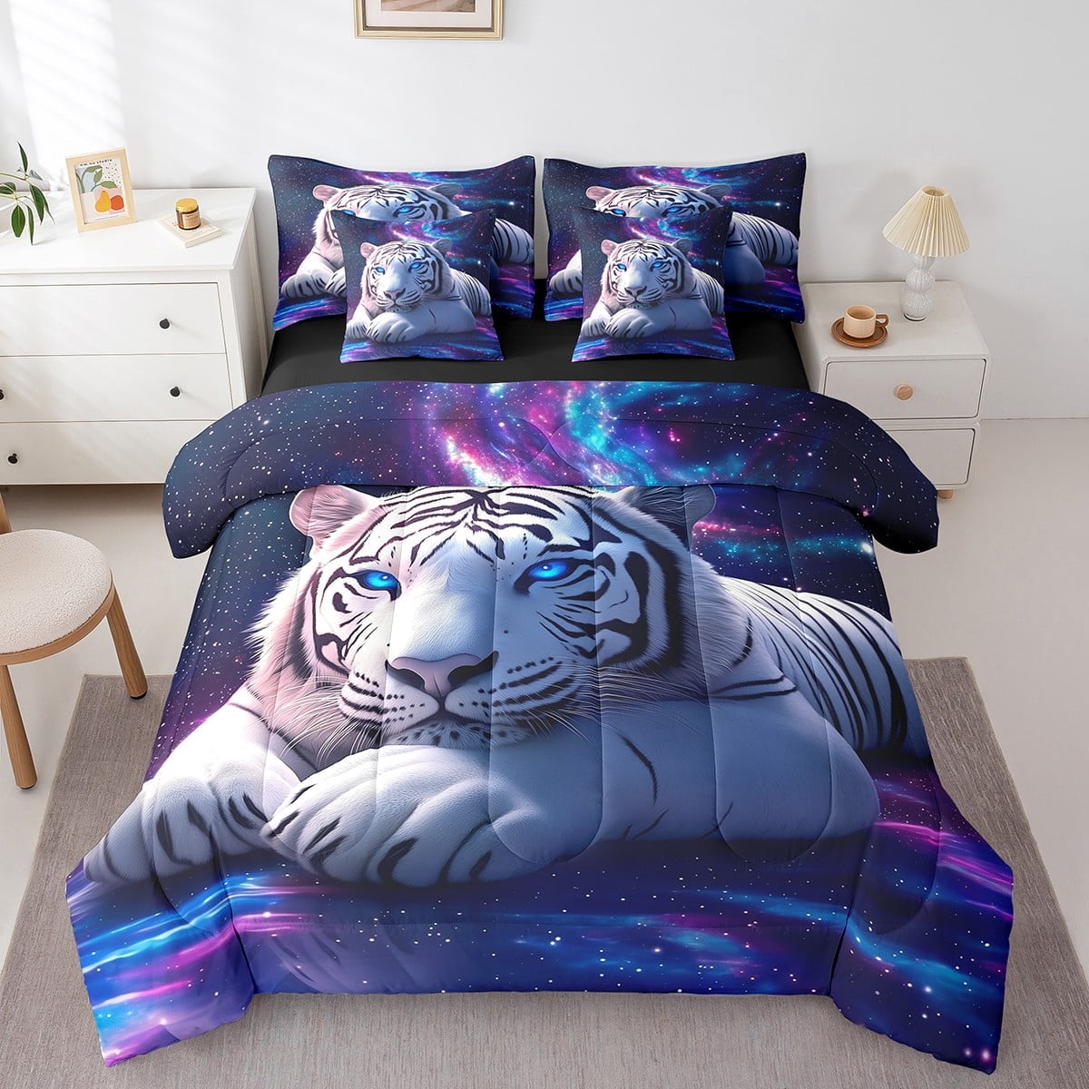 White Tiger 7 Pieces Bedding Set Queen,Purple Blue Starry Glitter ...