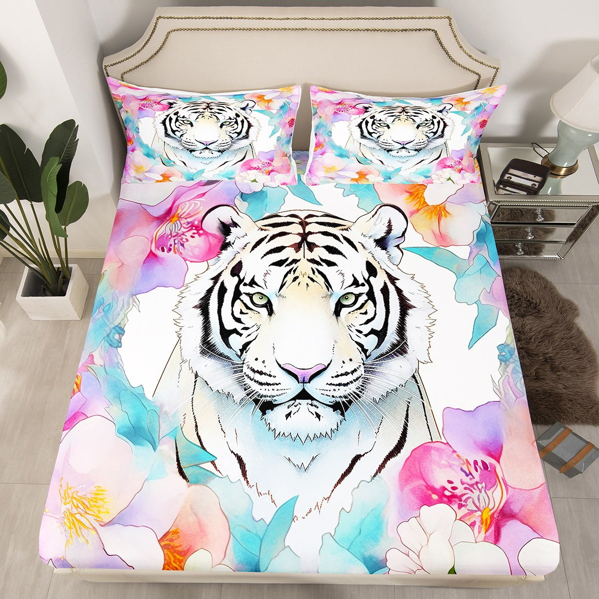 White Tiger Bed Sheets Floral Tiger Print Fitted Sheet Twin, Watercolor ...