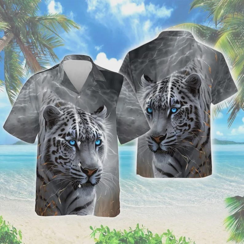 White Tiger Blue Eyed Men Hawaiian Shirts, Tiger Lover Aloha Beach ...