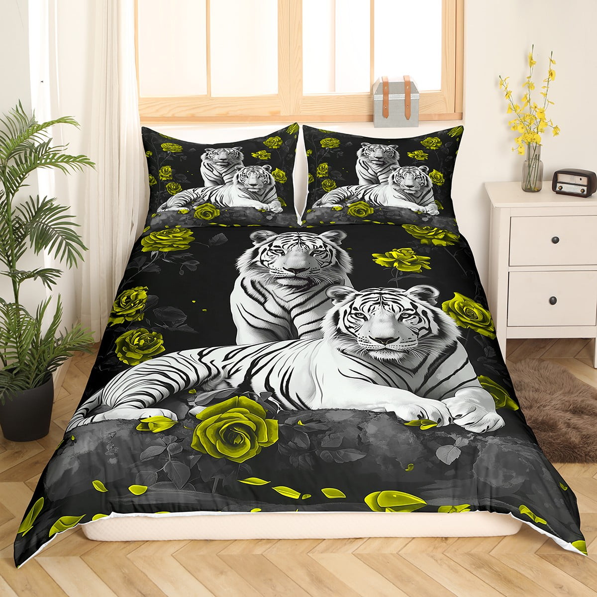 White Tiger Comforter Cover Queen Size Yellow Rose Floral Duvet Cover ...