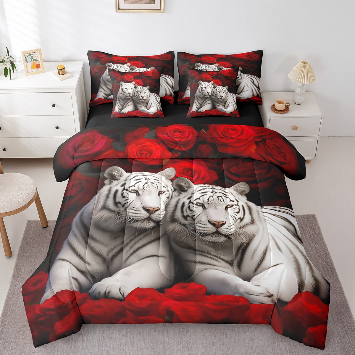 White Tiger Comforter Set 7 Piece Bed in a Bag Twin,Red Rose Bedding ...