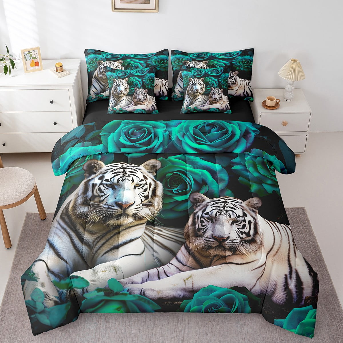 White Tiger Comforter Set,7 Pieces Turquoise Teal Rose Full Bed in a ...