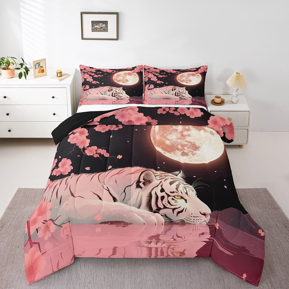 White Tiger Comforter Set Queen Size,Japanese Ukiyoe Cherry Blossom ...